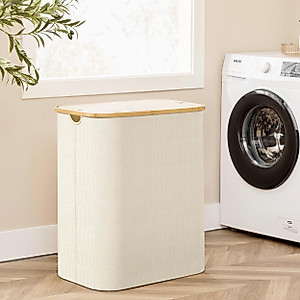 Double Laundry Hamper with Lid and Removable Laundry Bags,145L Large Laundry Hamper 2 Section Collapsible Dirty Clothes Hamper for Laundry Room,College Dorm,Bathroom Beige