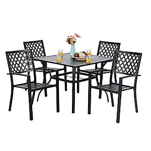 PHI VILLA Patio Dining Set 5 Piece Wrought Iron Metal Outdoor Table and Chairs Set, 37" Square Patio Table and 4 Stackable Chairs Support 300LBS for Deck, Lawn, Garden