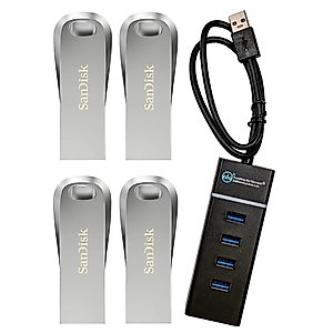 SanDisk 64GB Ultra Luxe USB 3.1 Flash Drive (4 Pack) Works with Computer, Laptop, 150MB/s PenDrive High Speed All Metal (SDCZ74-064G-G46) Bundle with (1) Everything But Stromboli 4 Port USB 3.0 Hub