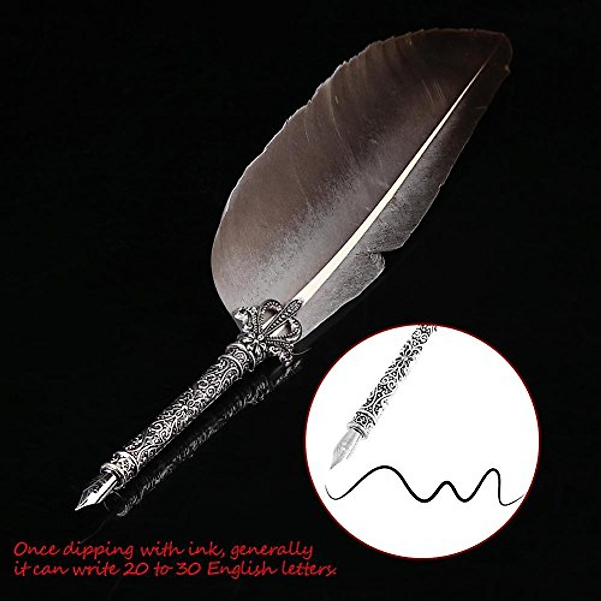 FTVOGUE English Calligraphy Retro Carved Feather Dip Quill Pen Writing Set Stationery Gift Box with 5 Nibs and 1 Ink Bottle(Black)