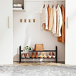 FANHAO 2-Tier Expandable Shoe Rack, Stackable and Adjustable Shoes Organizer Storage Shelf for Closet Entryway, 100% Stainless Steel Sturdy Shoe Shelf, Matte Black