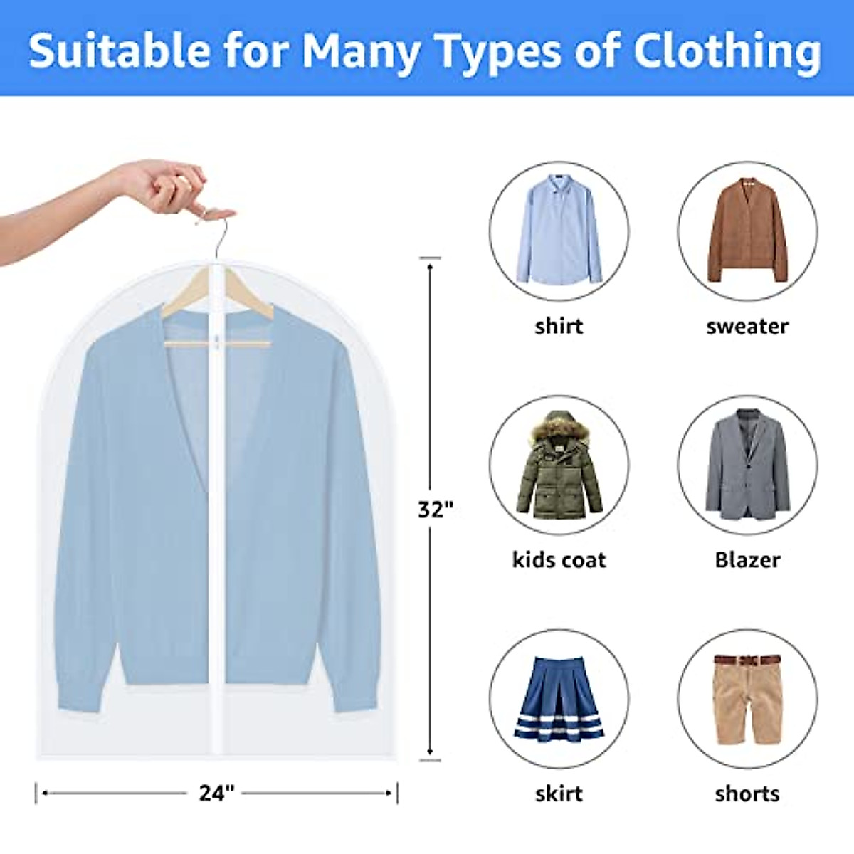 LEKHU 32'' Clear Garment Bags for Hanging Clothes,Suit Bags for Closet Storage Travel Moth-Proof Breathable Dust Clothing Cover Protecting with Zipper for Short Coats Jackets, 12 Pack