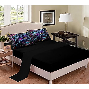 NINENINE Gaming Bedding Sets for Boys 5PCS Queen Size Comforter Gamer Contoller Video Bed in A Bag Kids Teens Black Bedding Comforter Sheet Set(1Comforter, 1Flat Sheet, 1Fitted Sheet, 2Pillowcases)