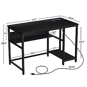 Rolanstar Computer Desk 47” with Power Outlet & Storage Shelves, Home Office PC Desk with USB Ports Charging Station, Writing Study Desktop Table with Stable Metal Frame, Black