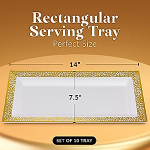 10-Pack Disposable Serving Trays - Decorative Plastic Serving Trays and Platters for Dessert Table, Buffet, Parties, Weddings, and Any Occasion - White with Gold Lace Rim, 7.5 x 14 Inches