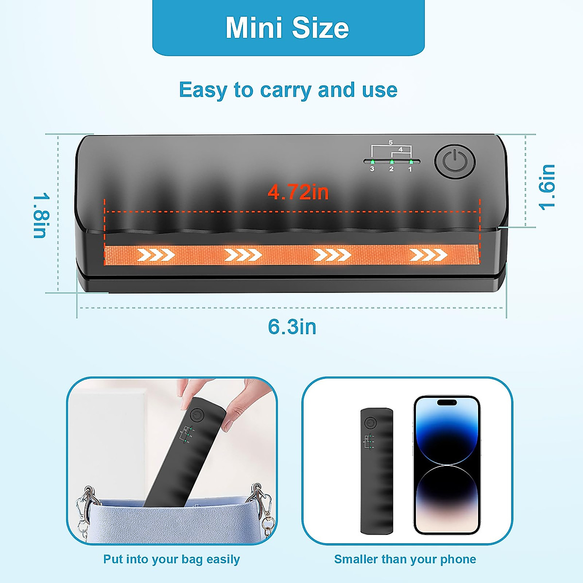 Upgraded Mini Bag Sealer，4000mAh Rechargeable Handheld Mini Heat Sealer with 4.7" Heating Strip & 5 Adjustable Gears-Quick Heat Bag Resealer for Chip Bag, Snack Bag, Plastic Bag - Keep Food Fresh