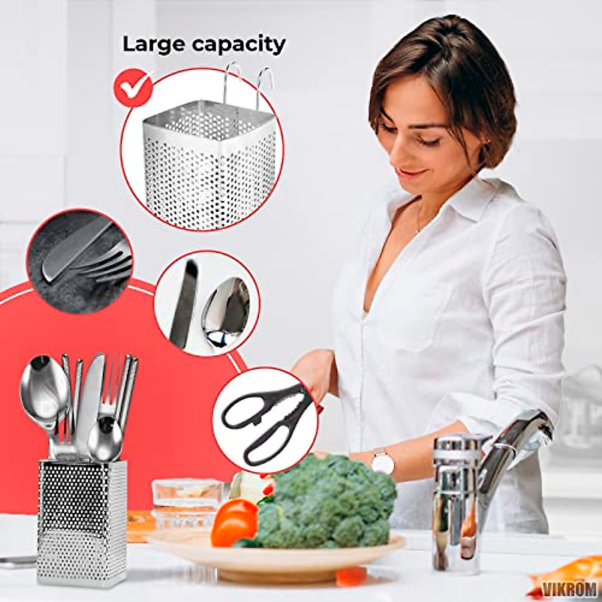 Stainless Steel Utensil Holder for Kitchen Counter - Perforated Kitchen Utensil Holder for Countertop Chopstick Spoon Spatula Holder Dryer Rack with Hooks - Utensil Caddy for Cooking Utensils Holder