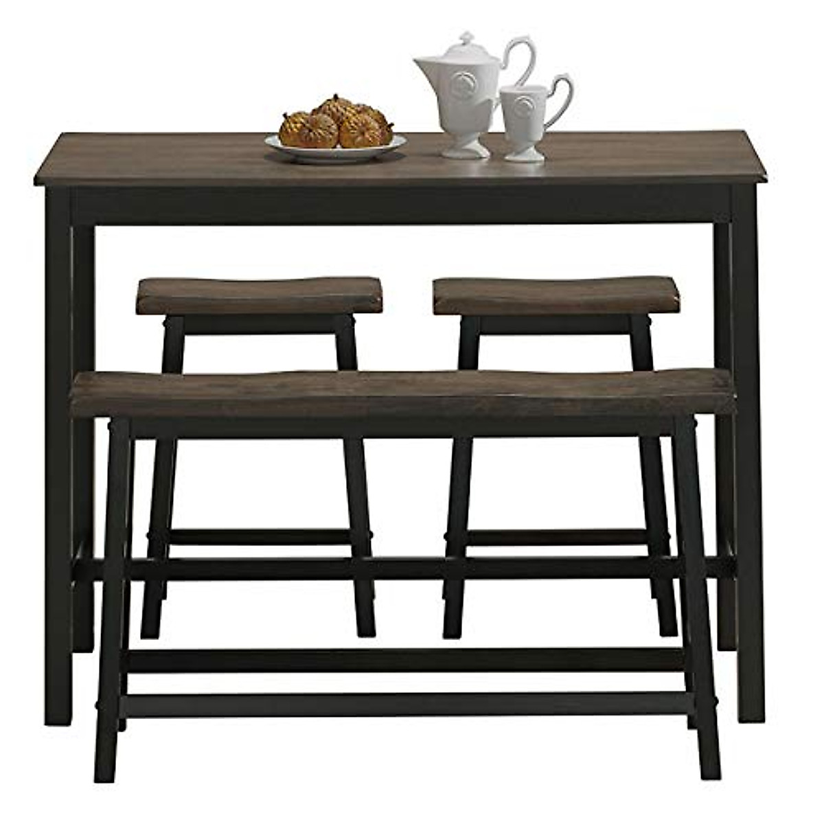 COSTWAY 4-Piece Solid Wood Dining Table Set, Counter Height Dining Furniture with One Bench and Two Saddle Stools, Industrial Style, Ideal for Home, Kitchen, Living Room (Gray & Brown)