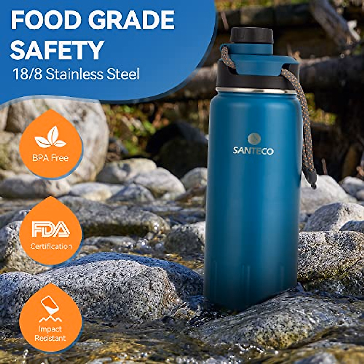 Insulated Water Bottles 24 oz, Santeco Stainless Steel Bottles with Lanyard & Wide Mouth Spout Lid, Leak Proof, Double Wall Vacuum Water Bottle, Keep Drinks Hot & Cold for Hiking Camping - Blue