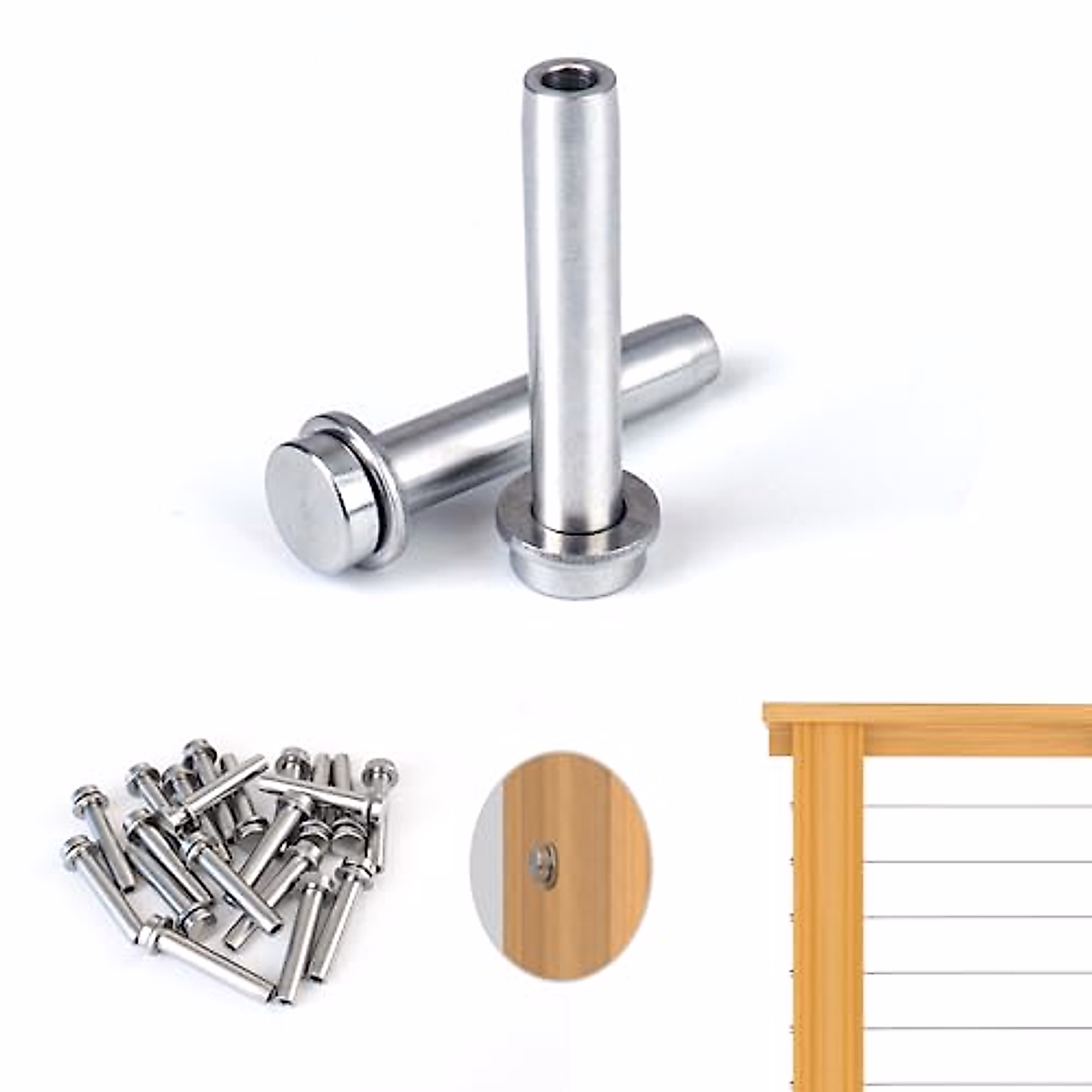 Muzata 20Pack 1/8" Stemball Swage Dead End Invisible Cable Railing Kit Terminal for Wood Stair Deck Hardware End Fitting T316 Stainless Steel CR24, CV1 CV2