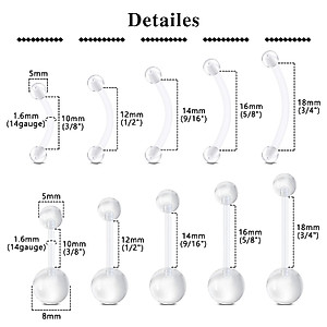 QWALIT 14g Clear Belly Button Rings Bioflex Plastic Belly Ring Navel Piercings Retainers for Work Surgery 3/8" 10mm