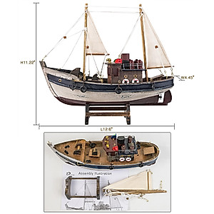 SAILINGSTORY Wooden Fishing Boat Model Sailboat Decor Ship Model Distressed Finish