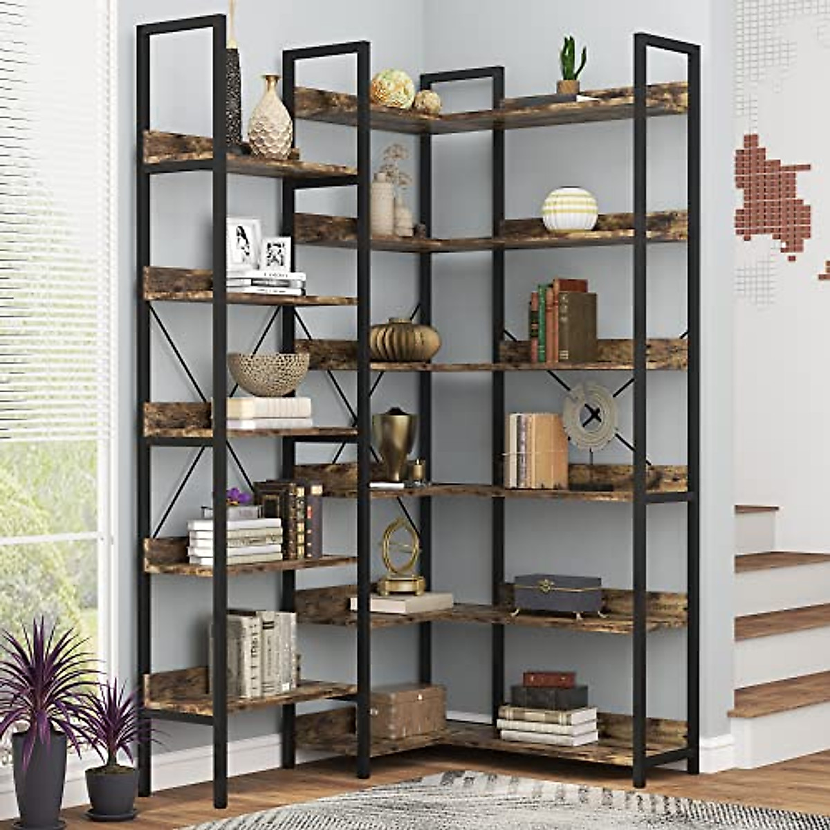 PAKASEPT 6-Shelf Corner Bookshelf, Triple Wide 6-Tier Bookcase, Large Modern Corner Shelf with Metal Frame, Open Bookshelves for Living Room Home Office, Rustic Brown