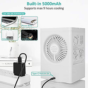 Portable Air Conditioner, 700 ML Water Tank, 5000mAh Rechargeable Battery Operated 120°Auto Oscillation Personal Mini Air Cooler with 3 Wind Speeds, 3 Cooling Levels, Perfect for Office Desk, Dorm, Bedroom and Outdoors