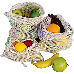 Lesibag 9 Pcs Reusable Cotton Mesh Grocery Bags Reusable Washable Produce Bags for Fruits, Vegetable, Food, Toys (Beige)