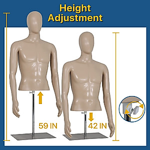 42-59 Inch Male Mannequin Torso, Height Adjustable Dress Form Mannequin Detachable Arms Mannequin Stand Sewing Manikin Display Dress Mannequin Clothing Form with Metal Base Stand, Nature