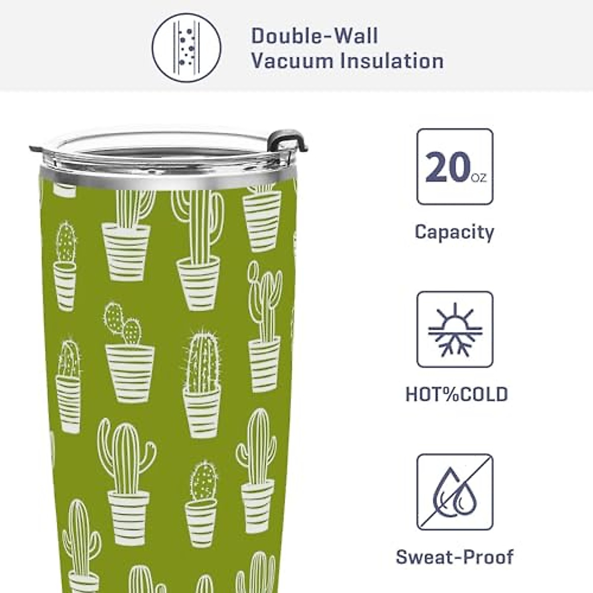 sanluoli Green Cactus Pattern Stainless Steel insulated coffee cup with Straw Lid coffee mug for men for gym leakproof straw tumbler 20 OZ