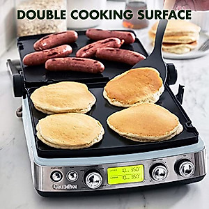 GreenPan Elite 7-in-1 Multi-Function Contact Grill & Griddle, Healthy Ceramic Nonstick Aluminum, Two Sets of Grill & Waffle Plates, Adjustable Shade & Shear, Closed Press/Open Flat Surface, Blue Haze