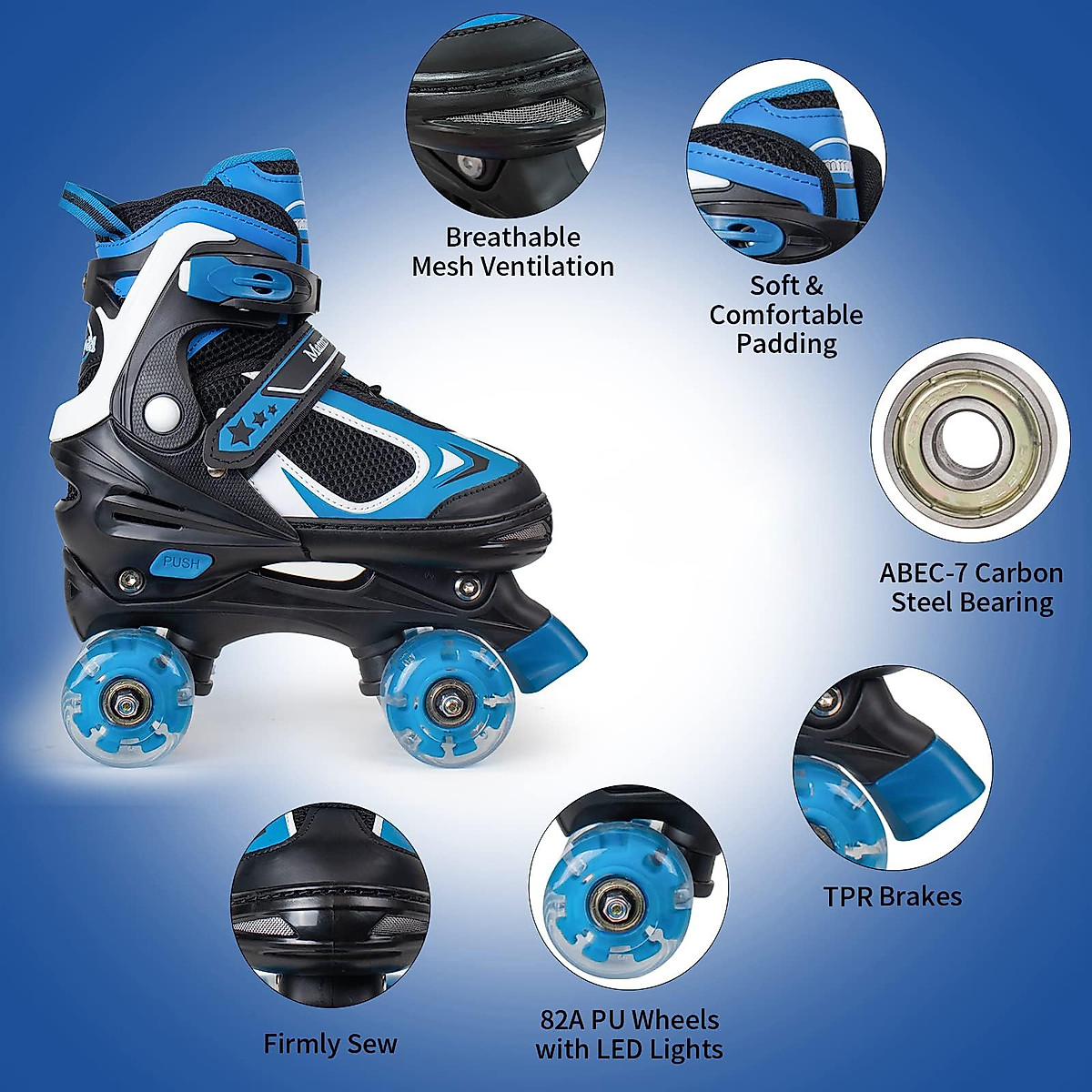 MammyGol Roller Skates for Boys Girls, 4 Sizes Adjustable Quad Skates for Kids with All Light up Wheels, Full Protection for Toddler's Indoor and Outdoor Play Blue Size 10C 11C 12C 13C