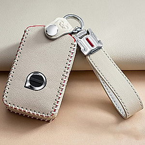 HIBEYO 2022 Leather Key Fob Case Protection for Volvo XC40 XC60 XC90 S90 V90 Smart Key Case Cover with Keychains Accessories Simple Light Luxury Key Fob Case-White