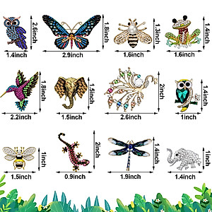 12 Pcs Women Brooches Bulk Set Rhinestone Crystal Vintage with Hummingbird Owl Elephant Peacock Bee Brooch Pin Animal Shape Butterfly Pins for Women Girls Christmas Gifts