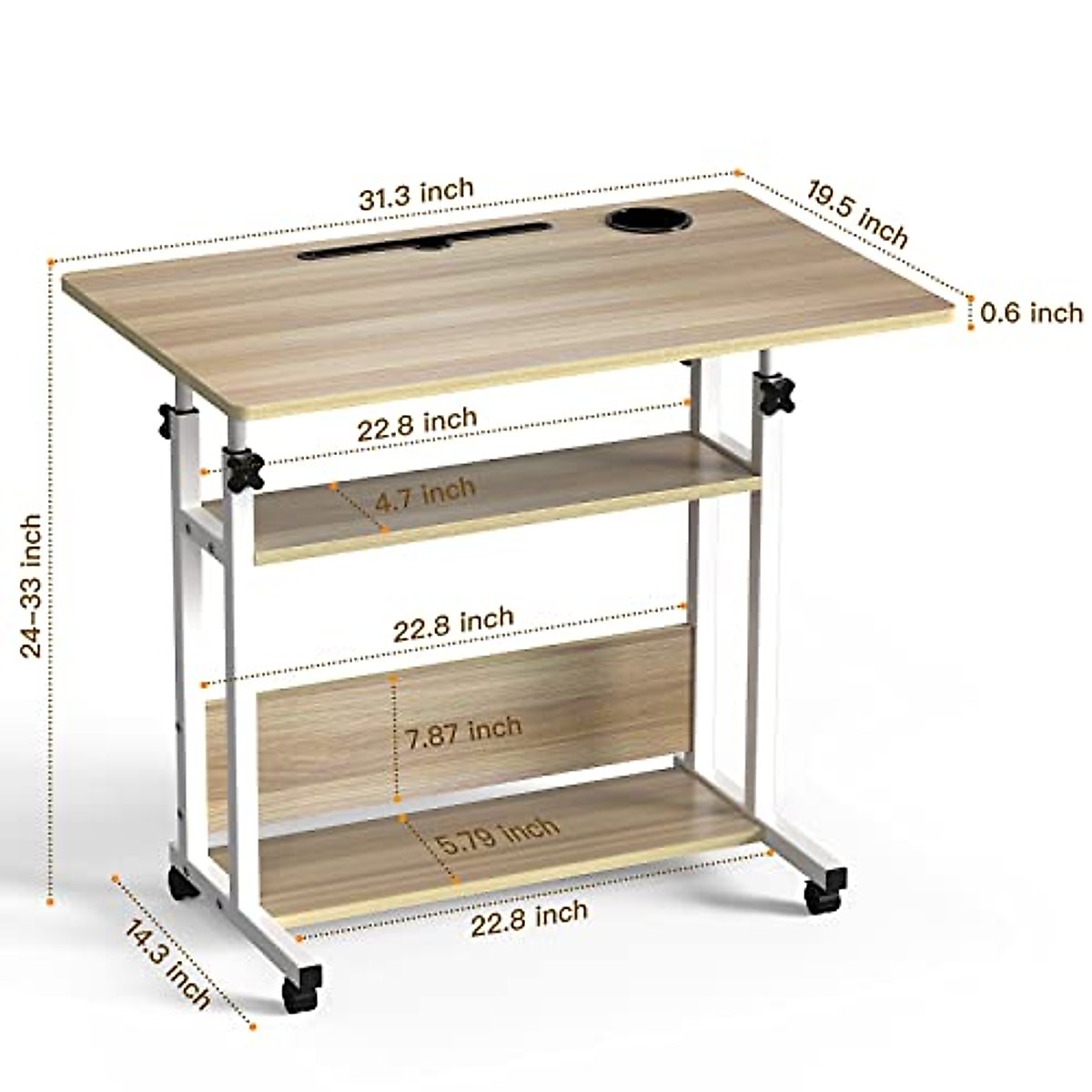 fshihine Portable Desk for Sofa and Bed 31.5"x19.5" Height Adjustable Laptop Table with Wheels, Rolling Small Mobile Standing Home Office Workstation for Small Spaces, Student Study Desk with Storage