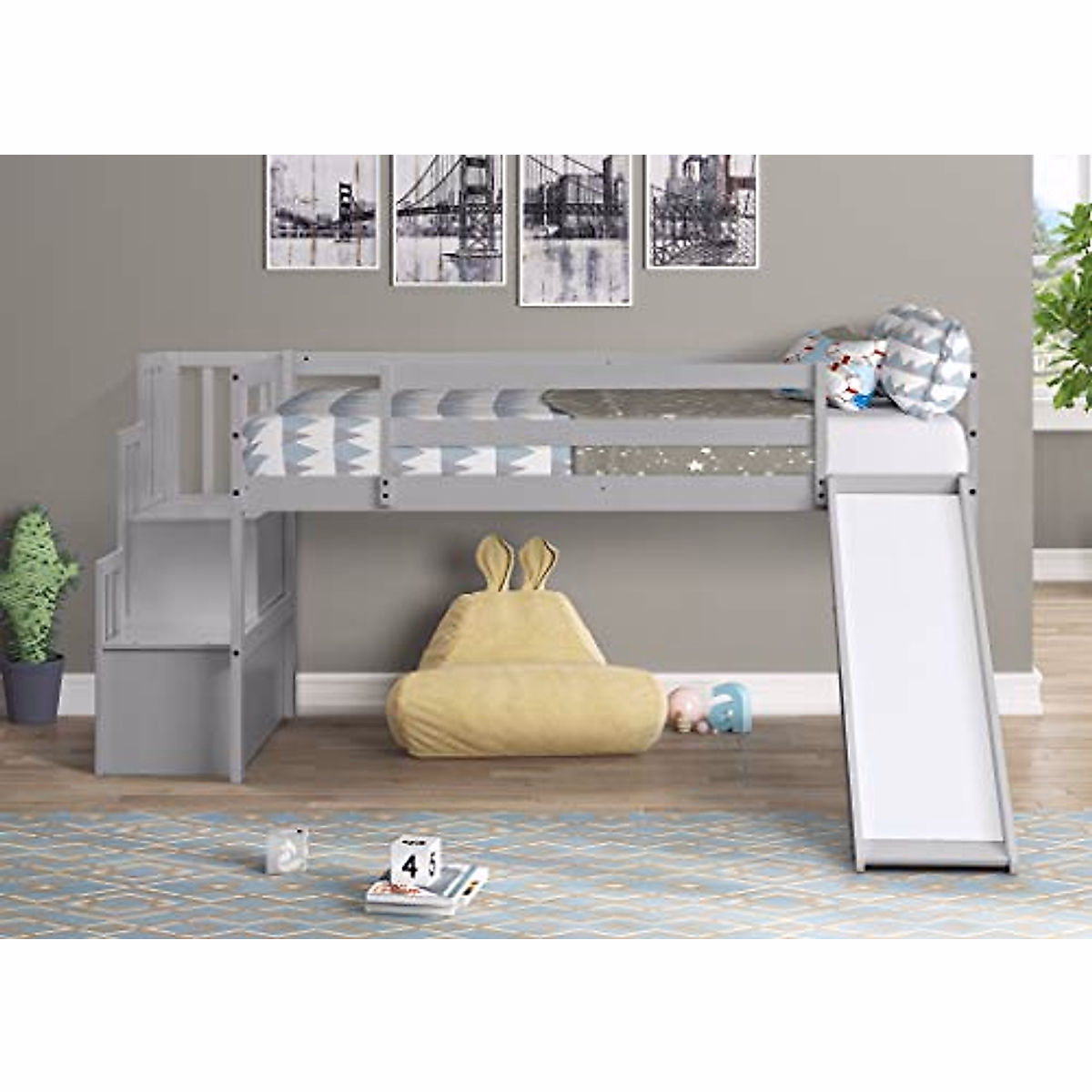 BOVZA Twin Size Low Loft Bed with Stairs and Slide, Wood Bedframe with Safety Guardrails for Kids Boys Girls, Gray