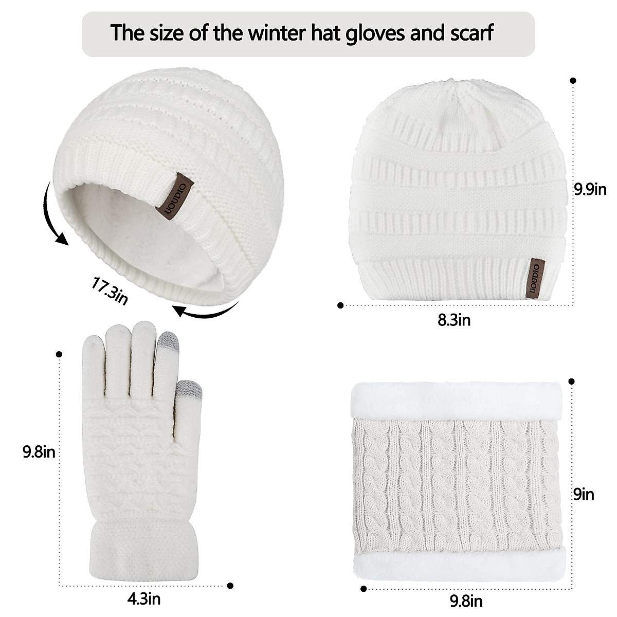 Women Beanie Hat Gloves and Scarf Set Winter Warm Knit Cap Thick Fleece Lined Neck Warmer White Snow Ski Cold Weather, Gorras Gorros Guantes Bufandas de Invierno para Mujer, Gift for Mom