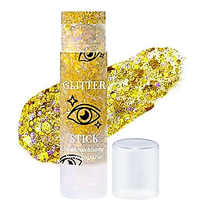 YBUETE Face Body Glitter Stick, Singer Concerts Festival Music Rave Body Glitter, Rotating Mermaid Sequins Chunky Glitter, Holographic Glitter, Waterproof and Long Lasting Sparkling, 03# Gold