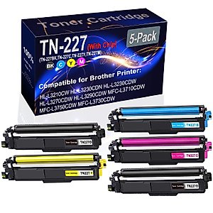 Kolasels (with Chip) 5-Pack (2BK+C+Y+M) Compatible HL-L3210CW Laser Printer Toner Cartridge (High Capacity) Replacement for TN227 TN-227 (TN-227BK TN-227C TN-227Y TN-227M) Printer Toner Cartridge