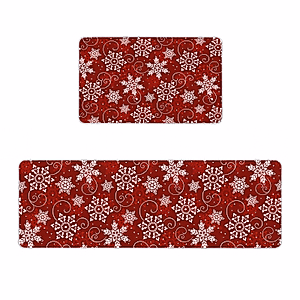 Briskdecor Kitchen Rugs - Winter Christmas Snowflake Red Cushioned Anti Fatigue Comfort Standing Kitchen Rugs for Floors, Non-Skid Waterproof Kitchen Mat, 20"x24"+20"x48"