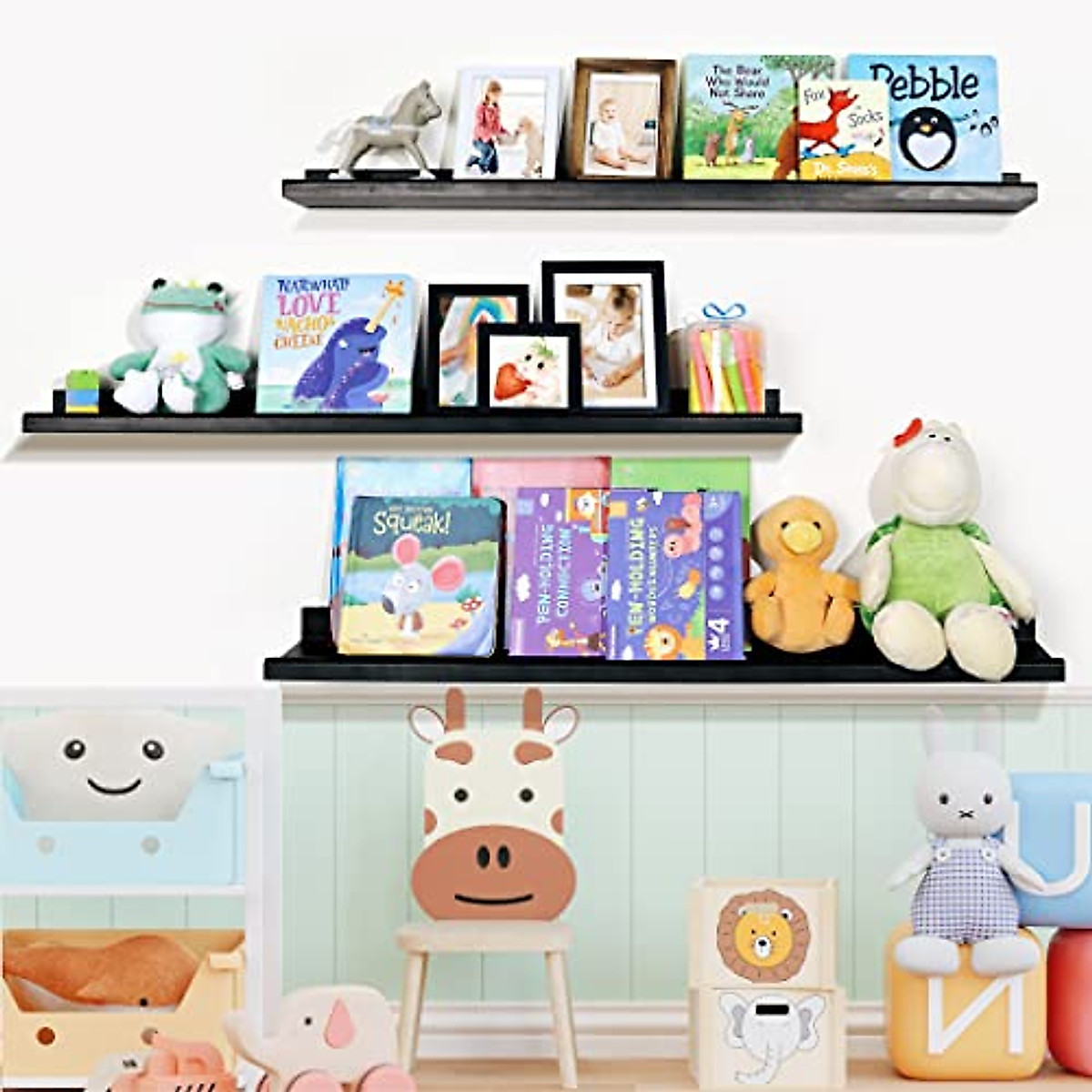 Annecy Floating Shelves Wall Mounted Set of 3, 36 Inch Black Rustic Wood Shelves for Wall, Wall Storage Shelves with Guardrail Design for Bedroom, Bathroom, Kitchen, Office, 3 Different Sizes