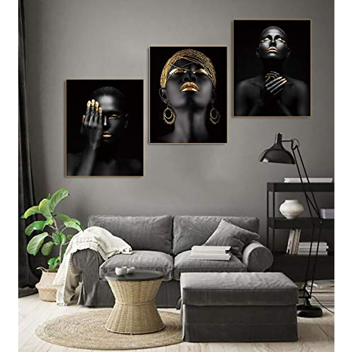 African American Wall Art Painting Black Woman Fashion Pop Gold Earrings Black Set of 3 (8”X10” Canvas Picture) Queen Portrait of Black Woman Room Poster Art Painting Bedroom for Home Decor Gift