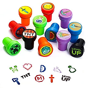 24 Pcs Pixel Miner Themed Stampers for Kids, Mine Pixel Craft Birthday Party Favors Supplies, Classroom Rewards Prizes Goody Bag Treat Bag Stuffers