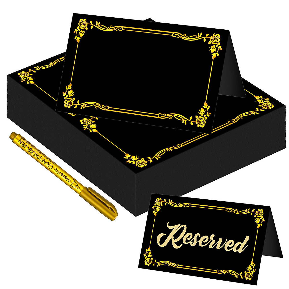Chenkaiyang 100 Pcs Black Place Cards and Gold Pen for Weddings, Name Cards with Gold Foil Border for Table Setting Folded Table Tents Sign for Buffet Banquet Parties Events Celebrations