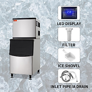 Westlake Commercial Ice Maker Machine Stainless Steel Full Cube NSF Certificated 500 lbs/24H Ice with 375lbs Storage Ice Maker Machine Capacity-Ideal for Coffee Shops, Hotels, Bars, Restaurants