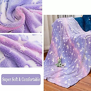 Glow in The Dark Throw Blanket for Kids, Unicorn Super Soft Flannel Blanket for Girls, Best Christmas Birthday Thanksgiving Magical Gifts for Girls Kids(50'' x 60'', Purple)