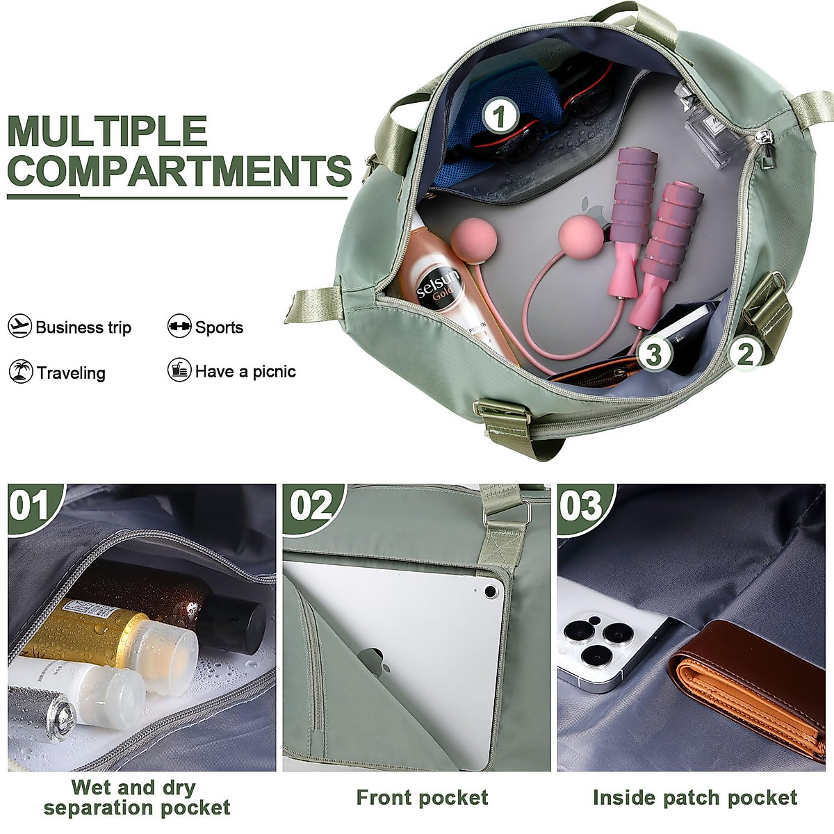 BECOJADDE Double Shoulder Strap Expandable Travel Bag with Wet Compartment, Foldable Carry On Travel Tote Bag, Green