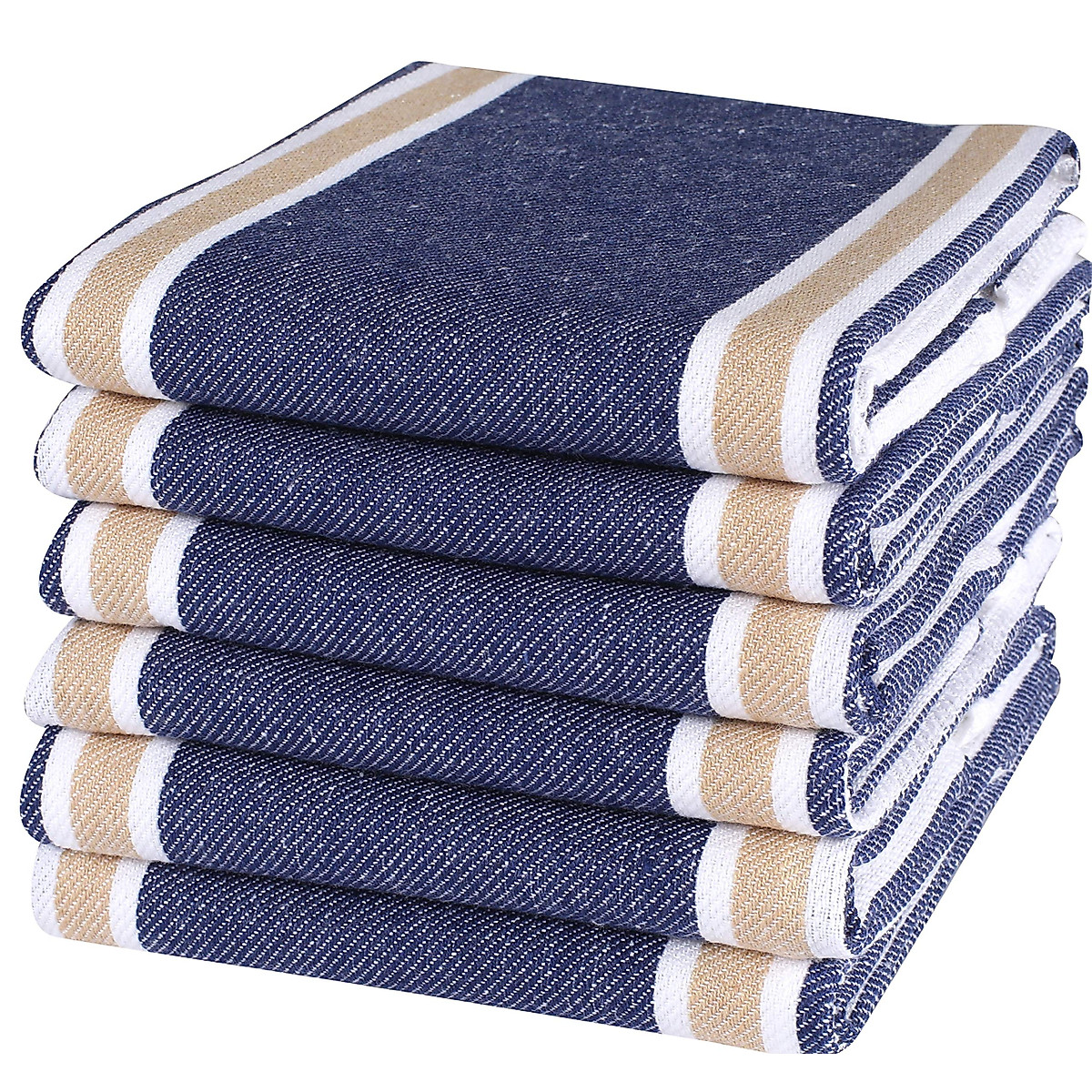 Bedding Craft- Set of 6 Blue/Beige Waffle Stripe Kitchen Towel – Absorbent Cotton Dishcloths for Drying Dishes, Farmhouse Kitchen Decor, Bar Towels, and More