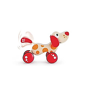 Walk-A-Long Puppy Wooden Pull Toy by Hape | Award Winning Push Pull Toy Puppy For Toddlers Can Sit, Stand and Roll. Rubber Rimmed Wheels for Easy Push and Pull Action, Red , Red/Orange