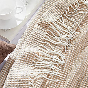 BOURINA 100% Acrylic Waffle Thermal Blanket for  Home Decoration Soft Lightweight Blanket  Breathable and Moisture Absorption for All Season for Couch/Bed,50 x 60'' Beige