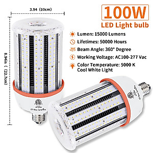 1000W Equivalent Led Corn light bulbs, 15000 Lumen LED Corn Bulb 100W 5000K Daylight White Lamp,E26/E39 Medium Mogul Base,2-Pack Large Area Lights For Outdoor Indoor Warehouse Garage High Bay Lighting