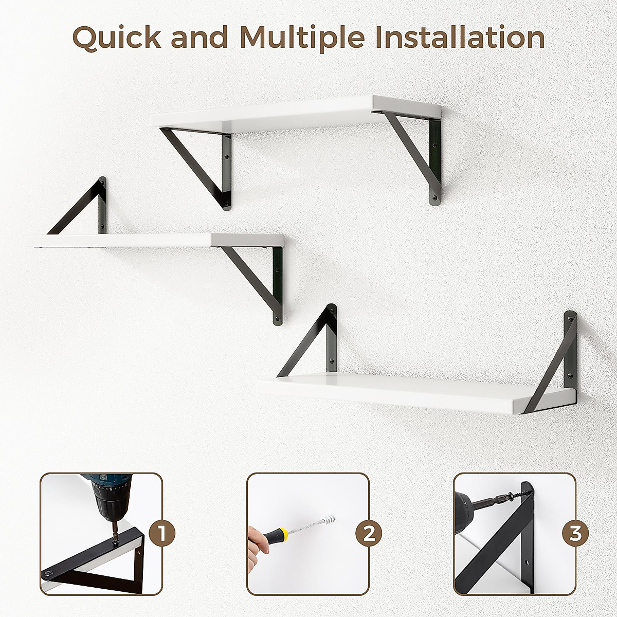 White Floating Shelves Set of 3 with Black Bracket, Wooden Wall Book Shelves, Wall Mounted Bathroom Shelves, Modern Storage Shelf Bathroom Organizer, Living Room, Kitchen, Office (16.5 inches Long)