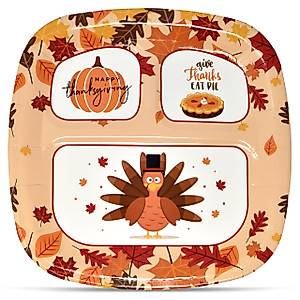 Gift Boutique 24 Pack Thanksgiving Divided Dinner Plate 9 inch Square 3 Section Plates for Fall Autumn Harvest Party Supply Disposable Paper Dinner Table Decorations with Turkey Pumpkin Leaf Design