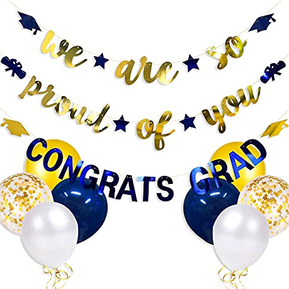 Navy Blue Gold 2023 Graduation Party Decorations We are So Proud of You Congrats Grad Graduation Banner Graduation Cap Diploma Star Garland Backdrop for Congratulations 2023 Grad Party Supplies