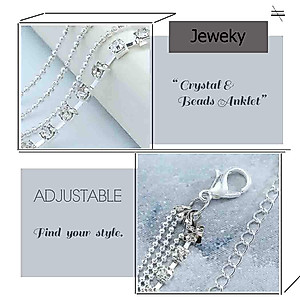 JEWEKY Boho Layered Crystal Anklets Silver Rhinestone Ankle Bracelets Chain Beach Foot Jewelry for Women (A-Silver)