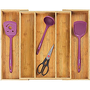 Utoplike 4 pcs Bamboo Kitchen Drawer Dividers 16.8-21.8IN) and Bamboo Expandable Kitchen Drawer Organizer, Adjustable Utensil Holder Set