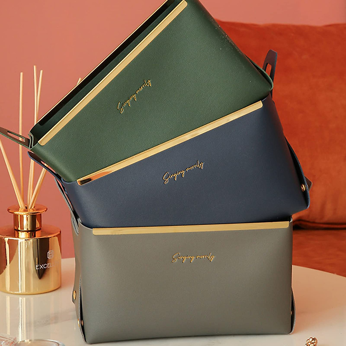 CHOMe Foldable Storage Boxes, Collapsible Sturdy Fabric Storage Basket Sturdy Faux Leather Handles-Large Organizer For Towels,Clothes, Shelves-8.6×5.5×5in, Grey