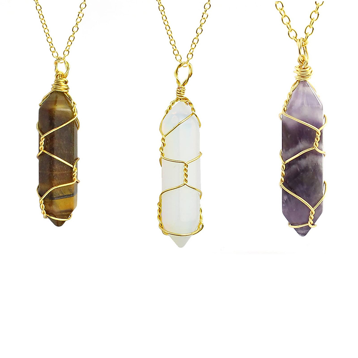 6 Pcs Hexagonal Crystal Pointed Quartz Natural Colorful Wire Wrapped Gemstone Stone Pendant Adjustable Necklace Friendship Couple Jewelry for Women-gold