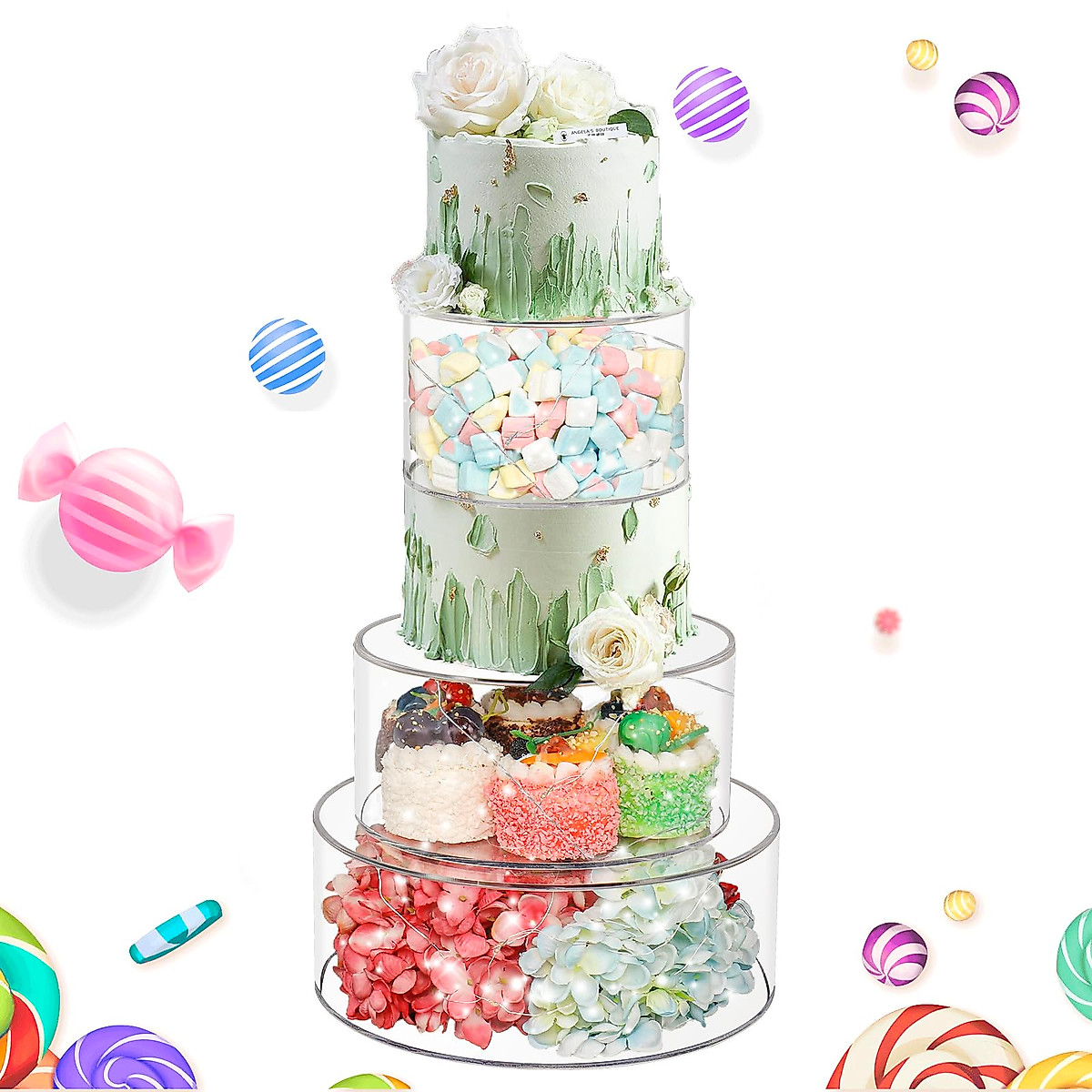 Cutora 3PCS Acrylic Cake Stand Fillable Clear Cake Riser Box Cylinder Round Display Case for Wedding Birthday Party 3 Tiers 8" 10" 12"